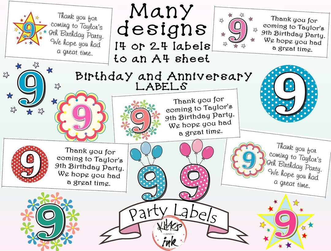 9th Birthday Labels, Personalised Party Stickers Decor Pink Blue Red ...