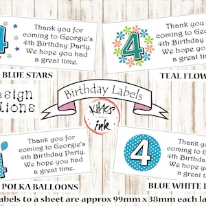 4th Birthday Labels, Personalised Party Stickers Decor Pink Blue Red ...