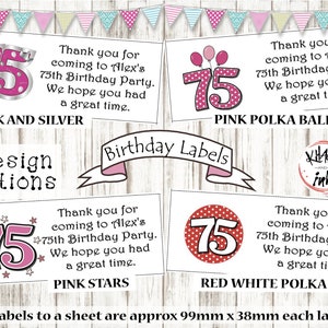 75th Birthday Labels, Personalised Party Stickers Black and Gold, Pink ...