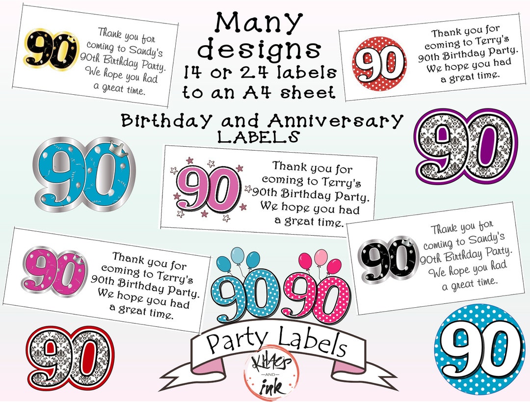 90th Birthday Labels, Personalised Party Stickers Decor Black and Gold ...