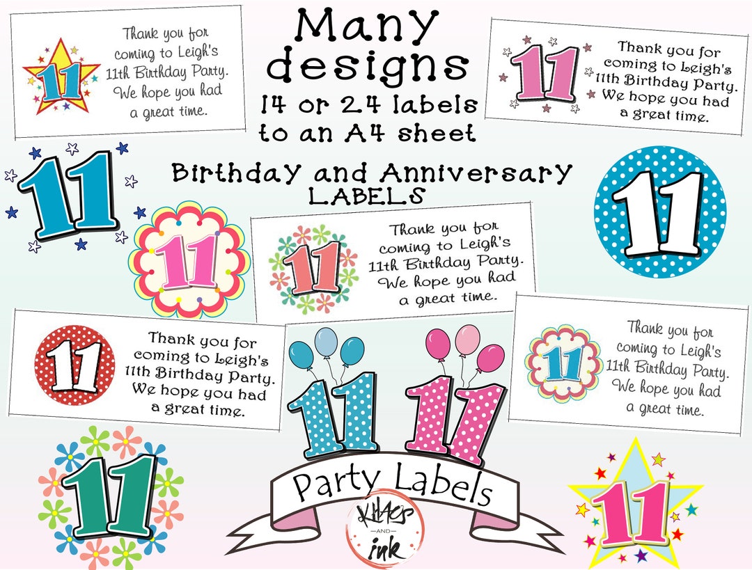 11th Birthday Labels, Personalised Party Stickers Decor Pink Blue Red ...