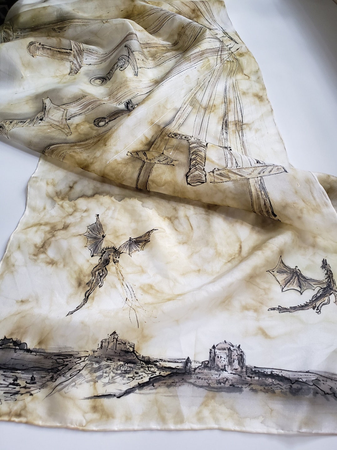 1-105 " the Throne of Dragons" Dragon's Scarf, Hand Painted Silk Scarf ...