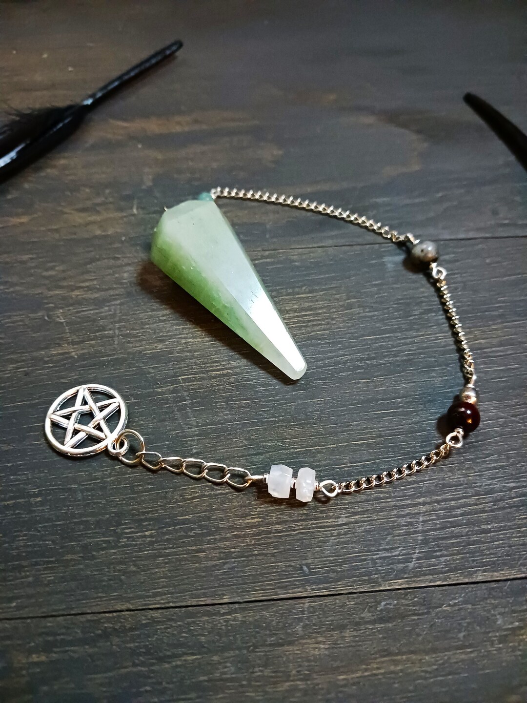 Aventurine Crystal Pendulum, Sacred Elements Chain, Pentacle Handle, Wiccan, Genuine Gemstones ...