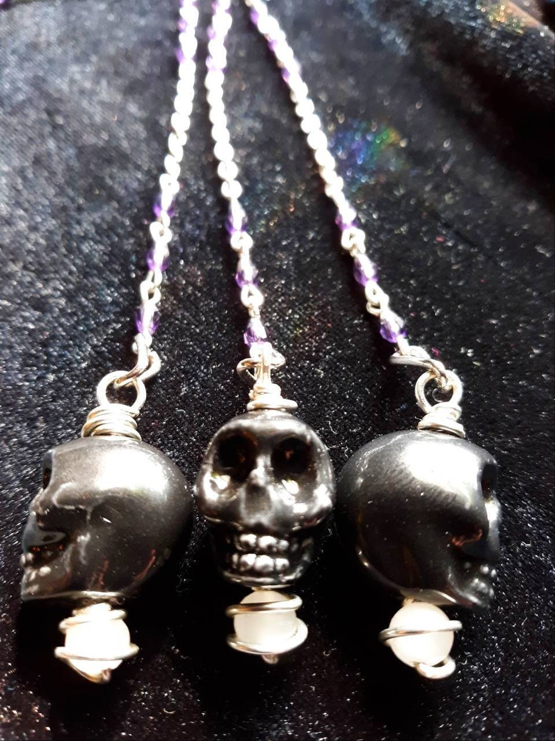 Black Skull Pendulum, Ceramic Skull Wire Wrap, Quartz Energy Stone ...