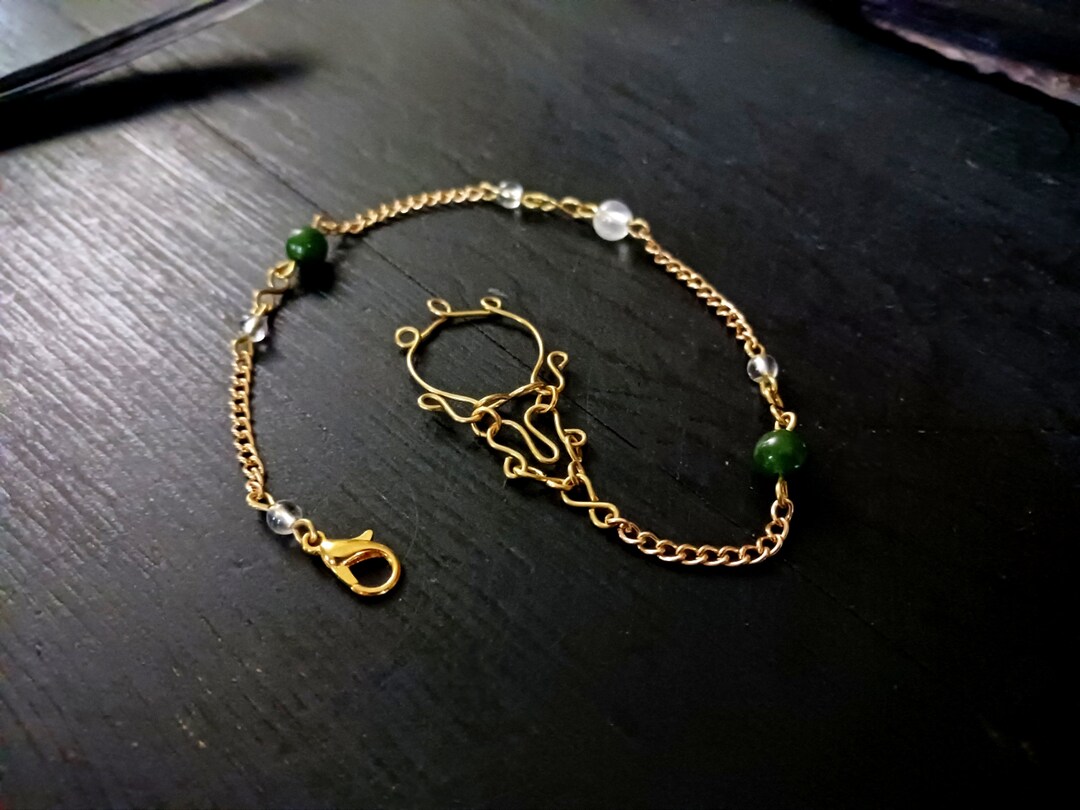 Green Jade Pendulum Chain, Wire Wrap Hoop Handle, Gold, Quartz, With ...