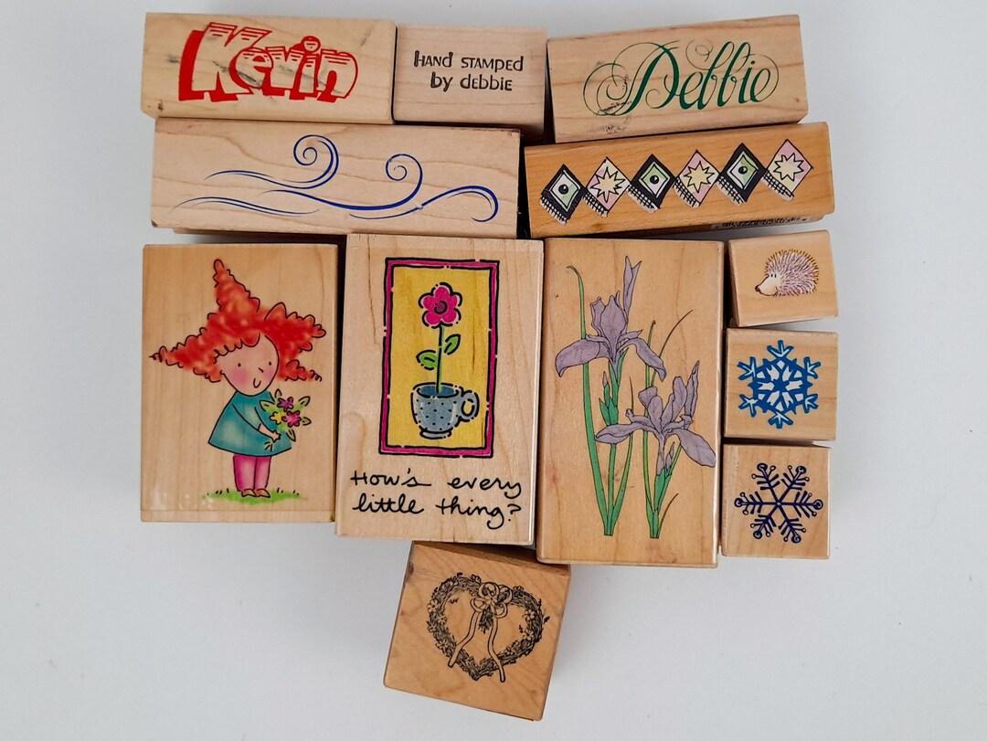 Set of 12 Wood Mount Rubber Stamps Debbie, Kevin, Snowflakes, Hedgehog ...