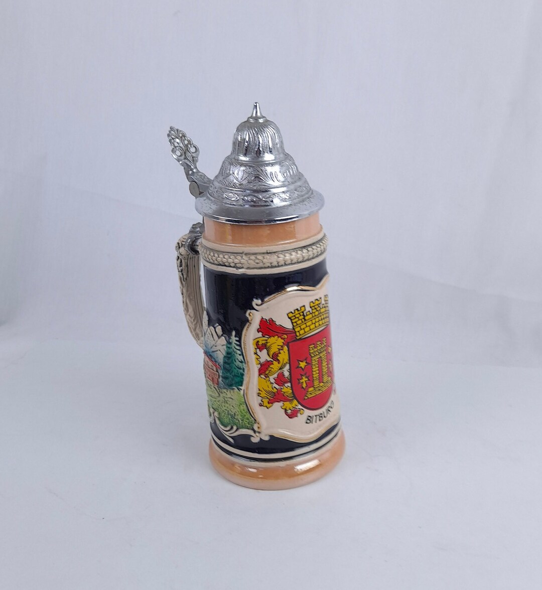 Vintage Bitburg Germany Ceramic Beer Stein Tankard With Silver Lid - Etsy