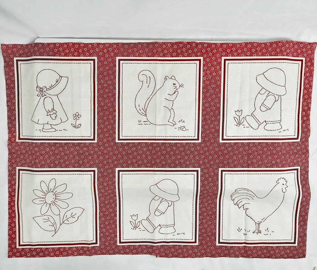 Set of 7 Fabric Panels for Redwork or Quilting 8 Inches Sun Bonnet Sue ...