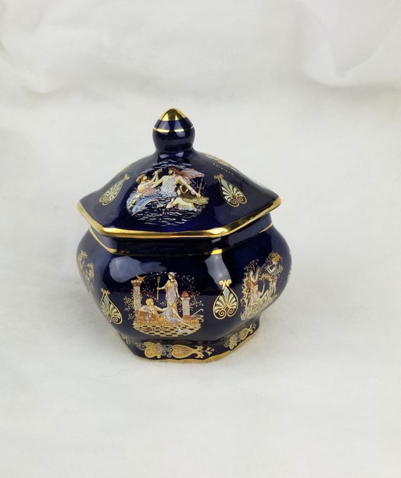 Greek Terracotta Cobalt Blue Ceramic Lidded Dish 24k Gold - Etsy