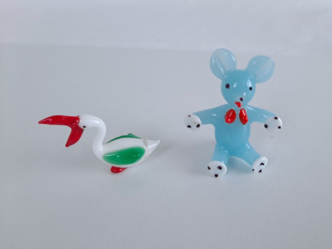 Miniature Vintage Hand Blown Glass Figurine, Tiny Blue Glass Mouse or ...