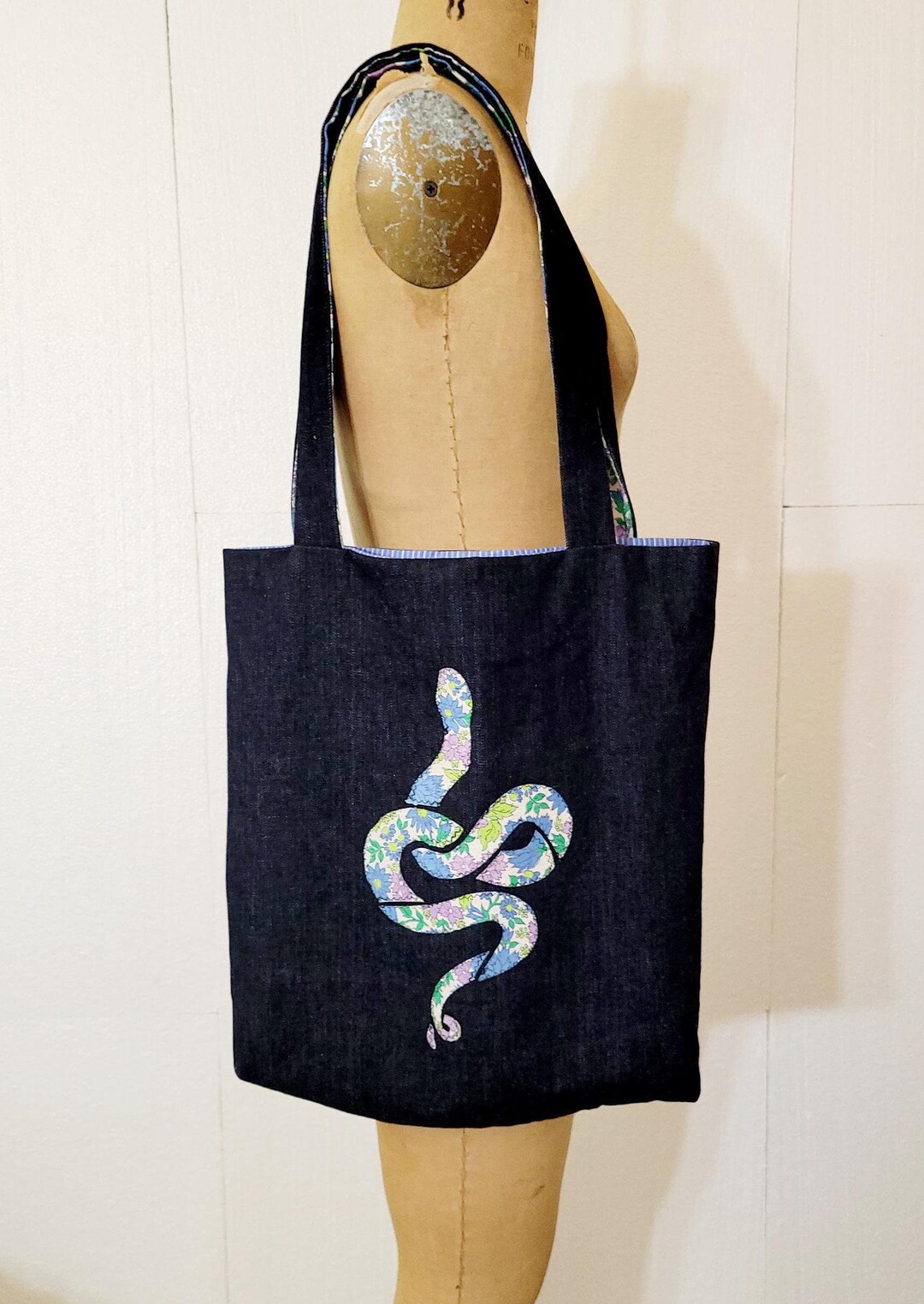 Dark Denim Tote With Vintage Snake Appliqué, Upcycled Fabric, Versatile ...