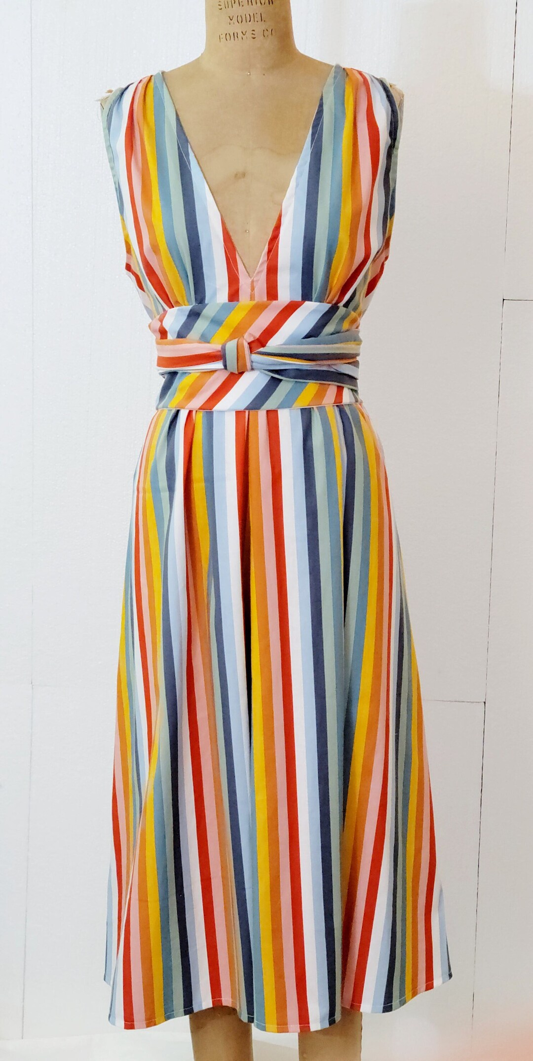 Rainbow Stripe Tent Dress With Reversible Obi Style Belt/ 1970s Retro ...