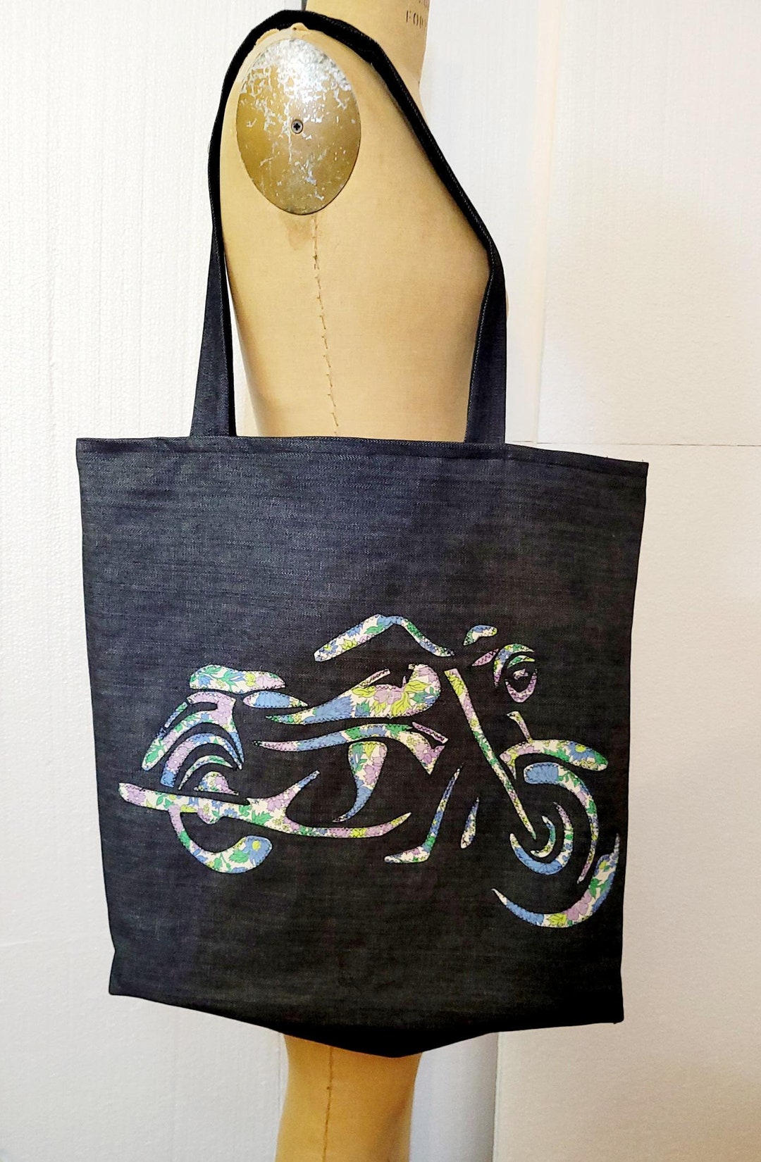 Oversized Dark Denim Tote With Motorcycle Applique /vintage Floral ...