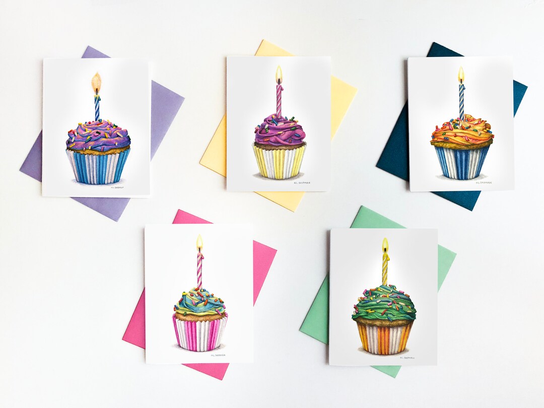 Watercolor Cupcake Birthday Cards, Hand-painted Notecard Set - Etsy