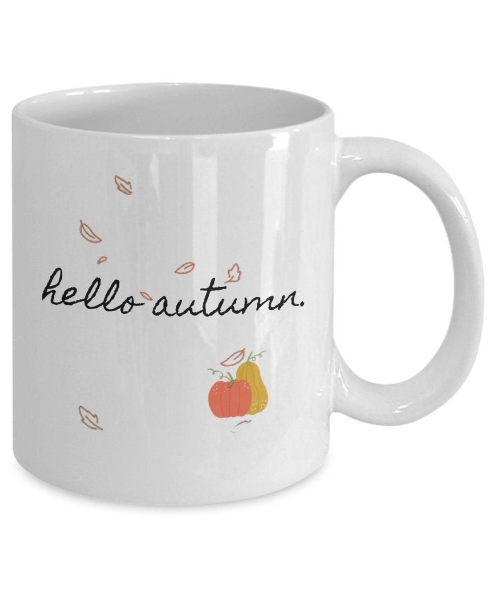 Hello autumn coffee mug with falling leaves and pumpkins sold by ...