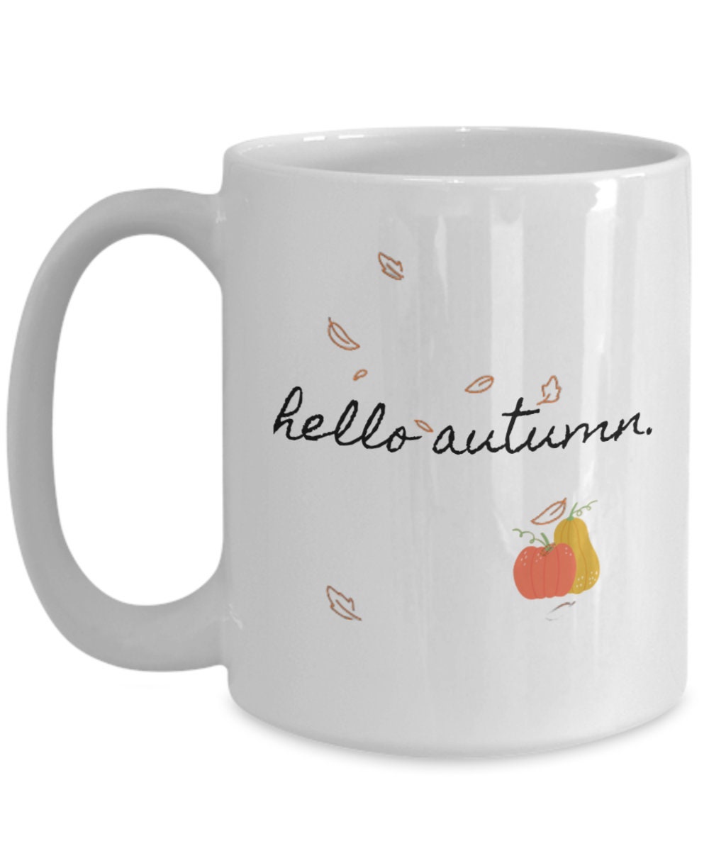 Hello autumn coffee mug with falling leaves and pumpkins sold by ...