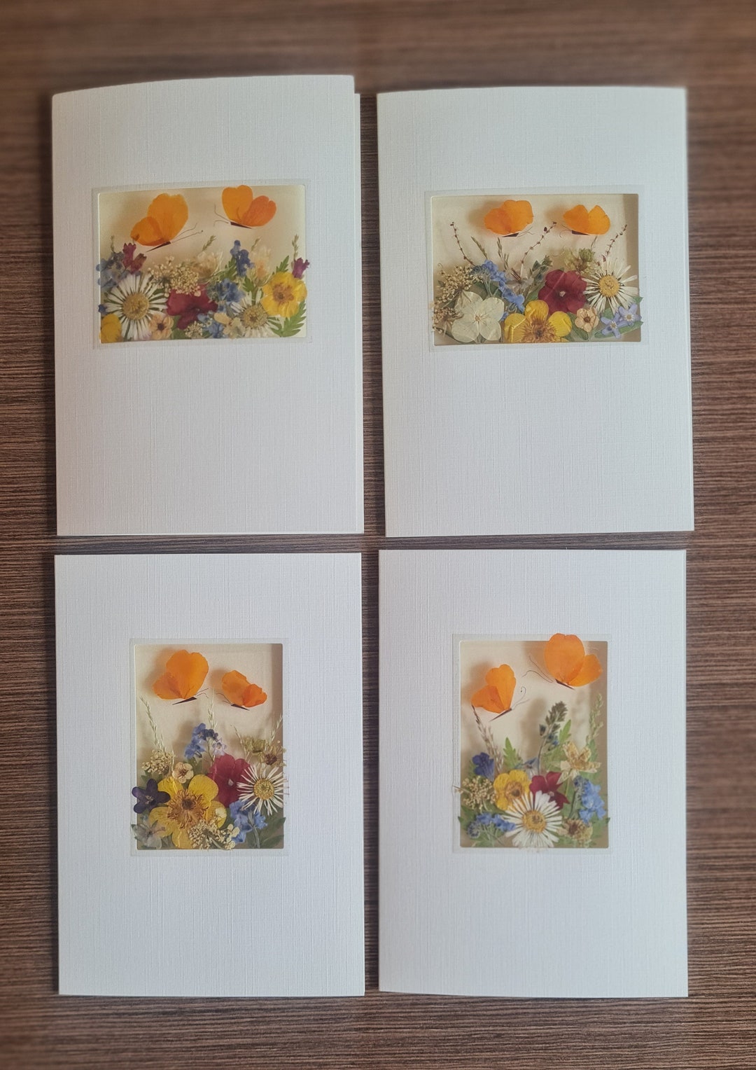 Set of 4 Real Dried Flowers Cards, Butterfly Card, Eco Cards, Card With ...