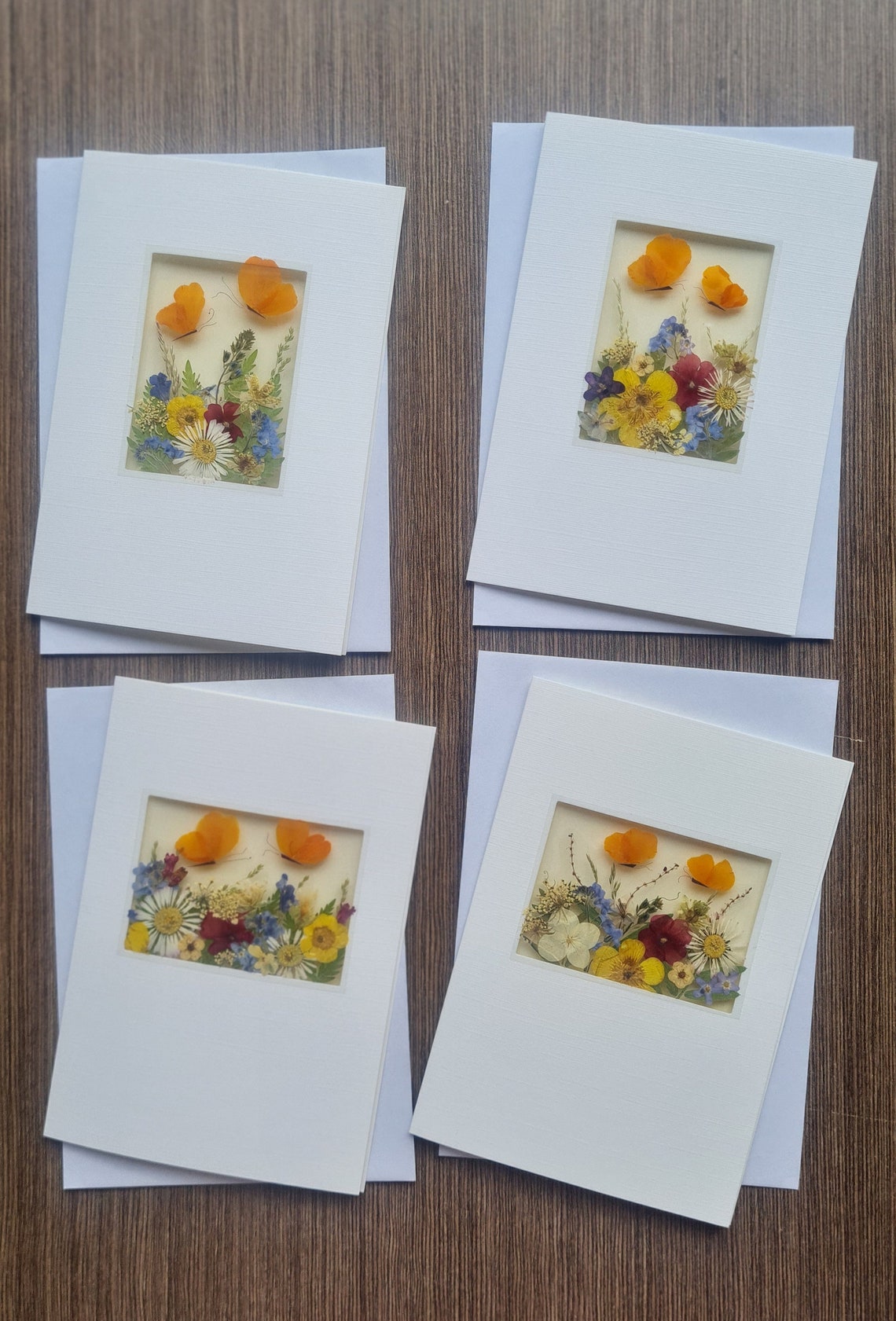 Set of 4 Real Dried Flowers Cards Butterfly Card Eco Cards - Etsy