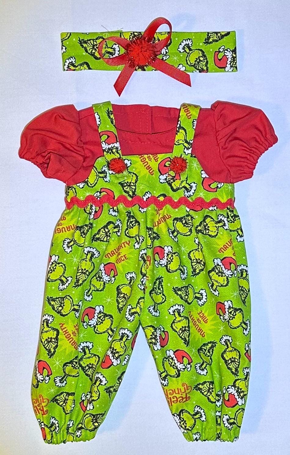15in Doll Overalls Outfit: Grinch Christmas Clothes - Blouse & Headband ...