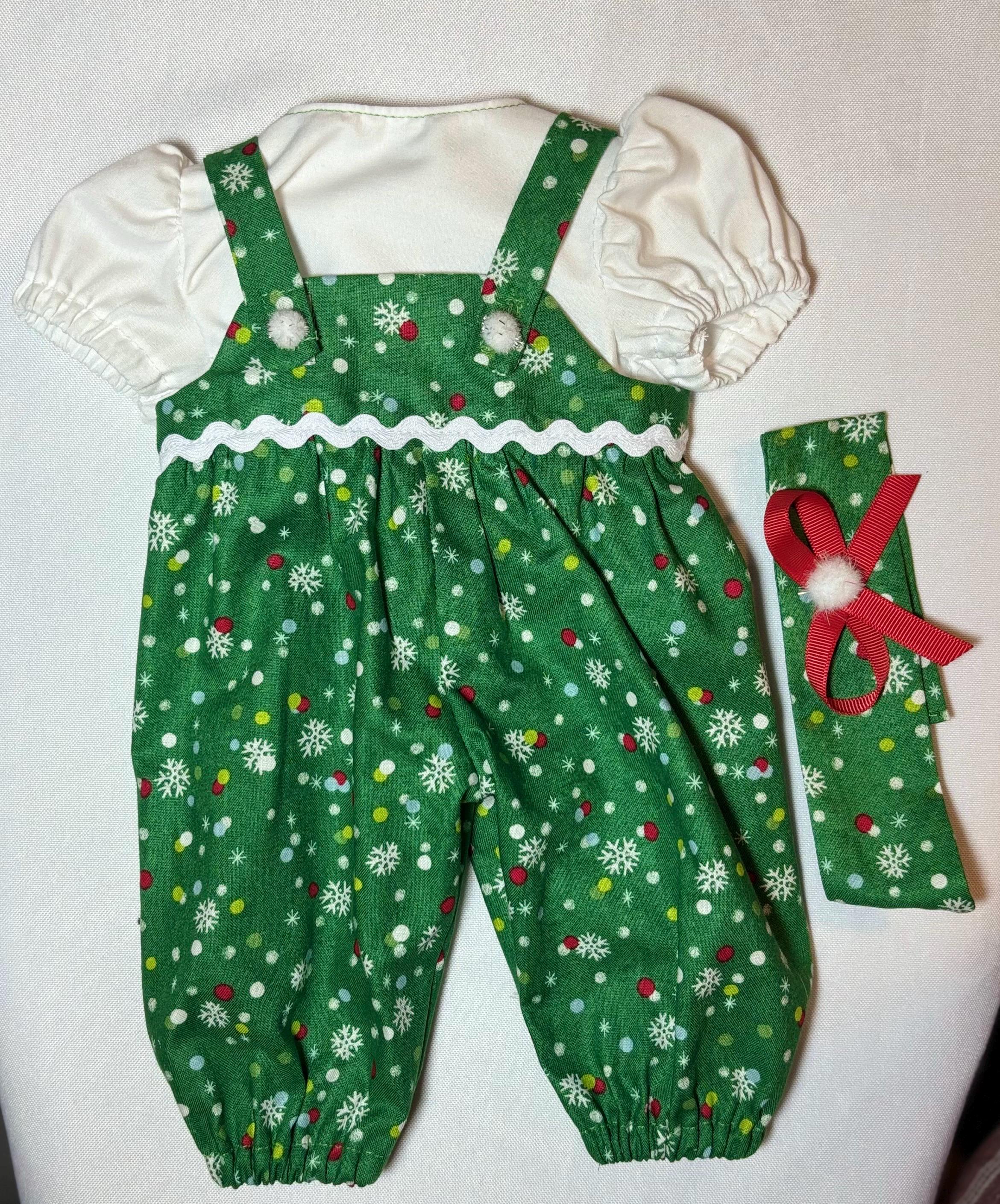 15in Doll Overalls Outfit: Grinch Christmas Clothes - Blouse & Headband ...