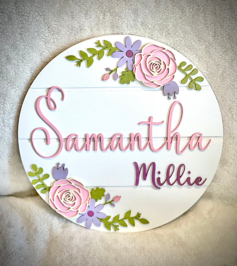 Floral Nursery Name Sign, 3D Custom Round Wood Sign - Etsy