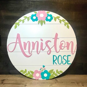 Floral Nursery Name Sign | Custom Wood Baby Name Sign | Round Sign ...
