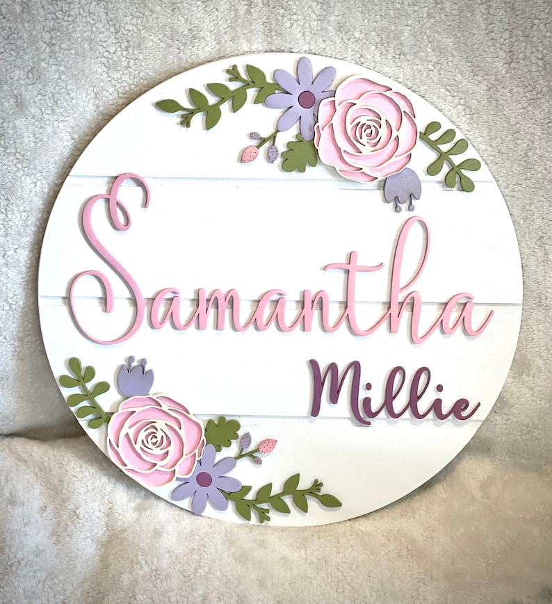 Floral Nursery Name Sign, 3D Custom Round Wood Sign - Etsy