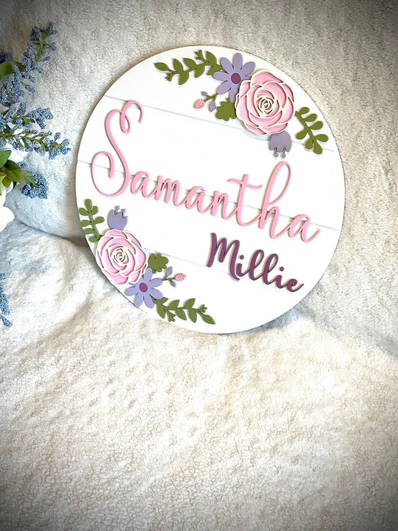Floral Nursery Name Sign, 3D Custom Round Wood Sign - Etsy