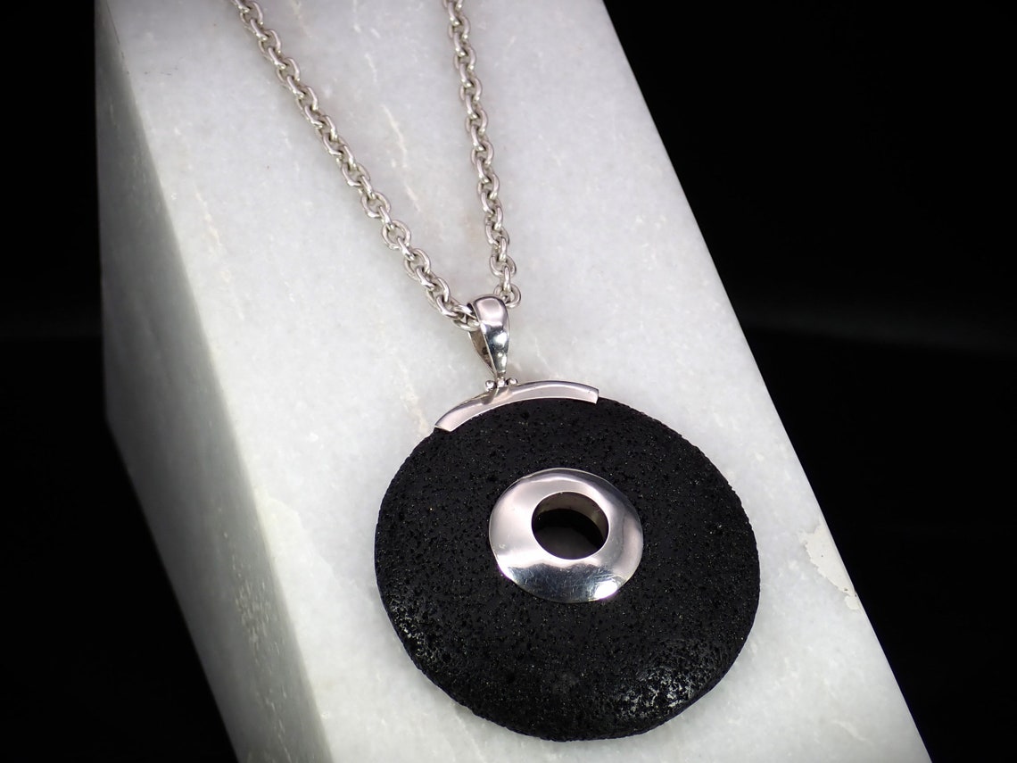 Vintage Sterling Silver Large Black Lava Stone Disc Pendant Necklace - Etsy