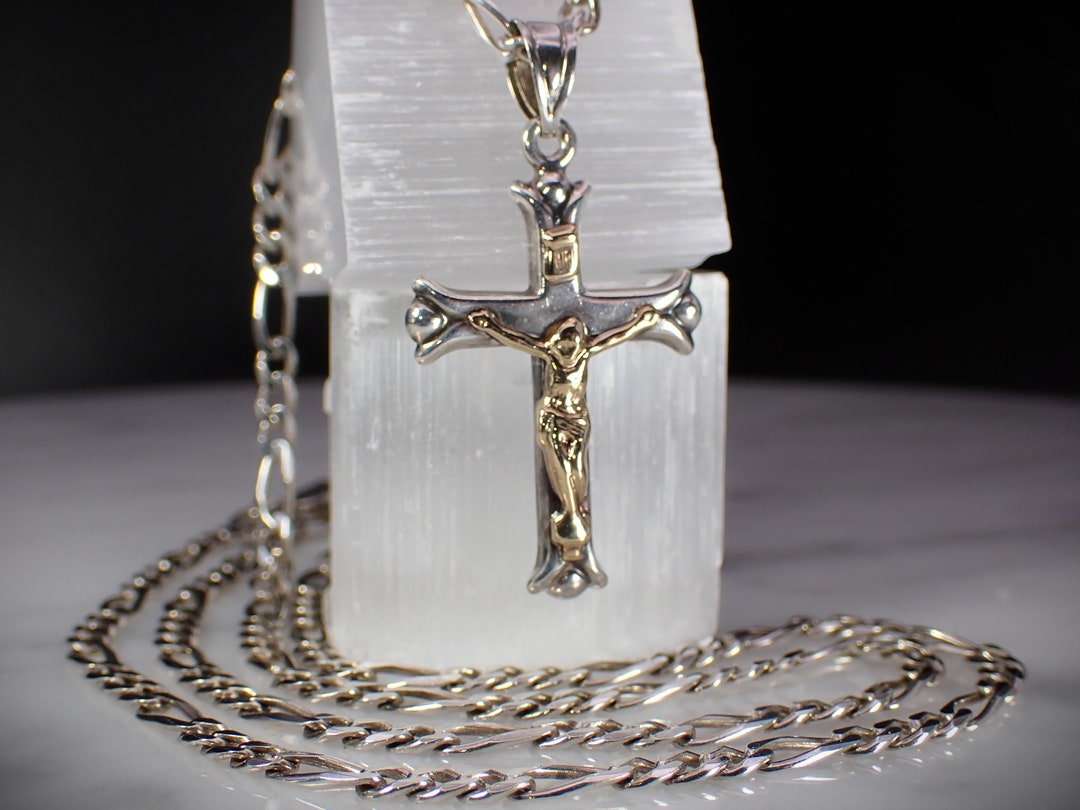 Vintage Religious Sterling Silver & 10K Gold Crucifix Pendant Necklace ...