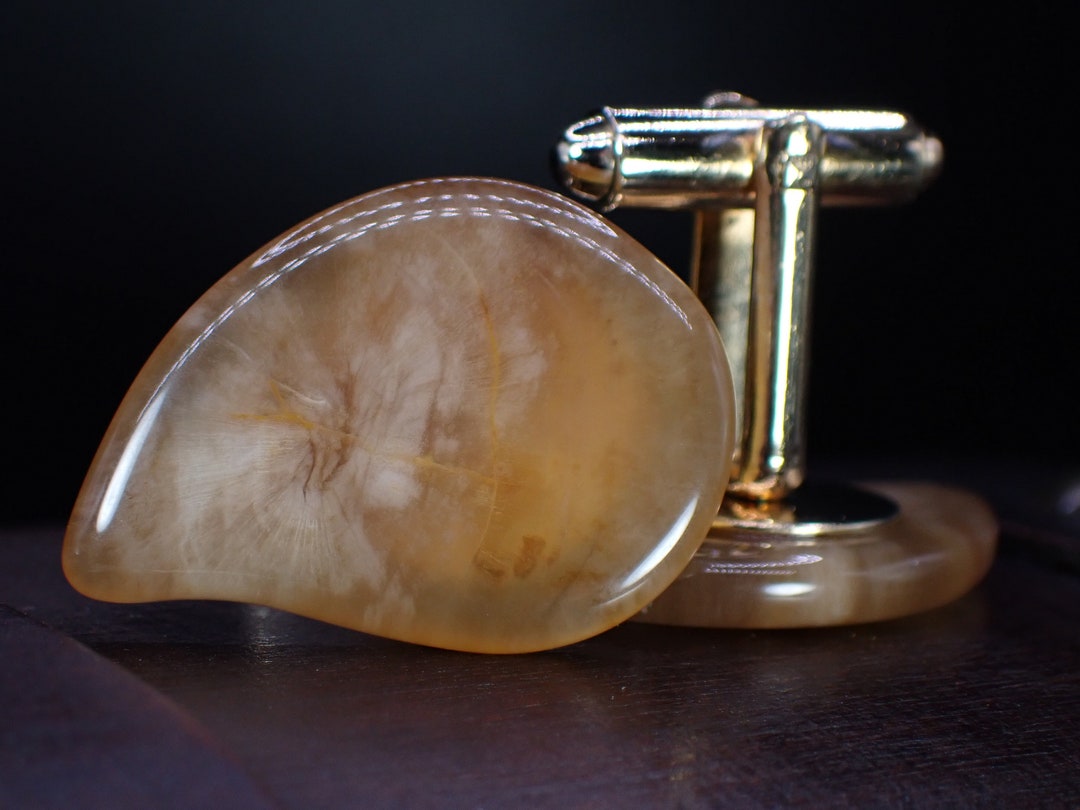 Vintage Gold Plated Polished Quartz Agate Apostrophe Shaped Cufflinks ...