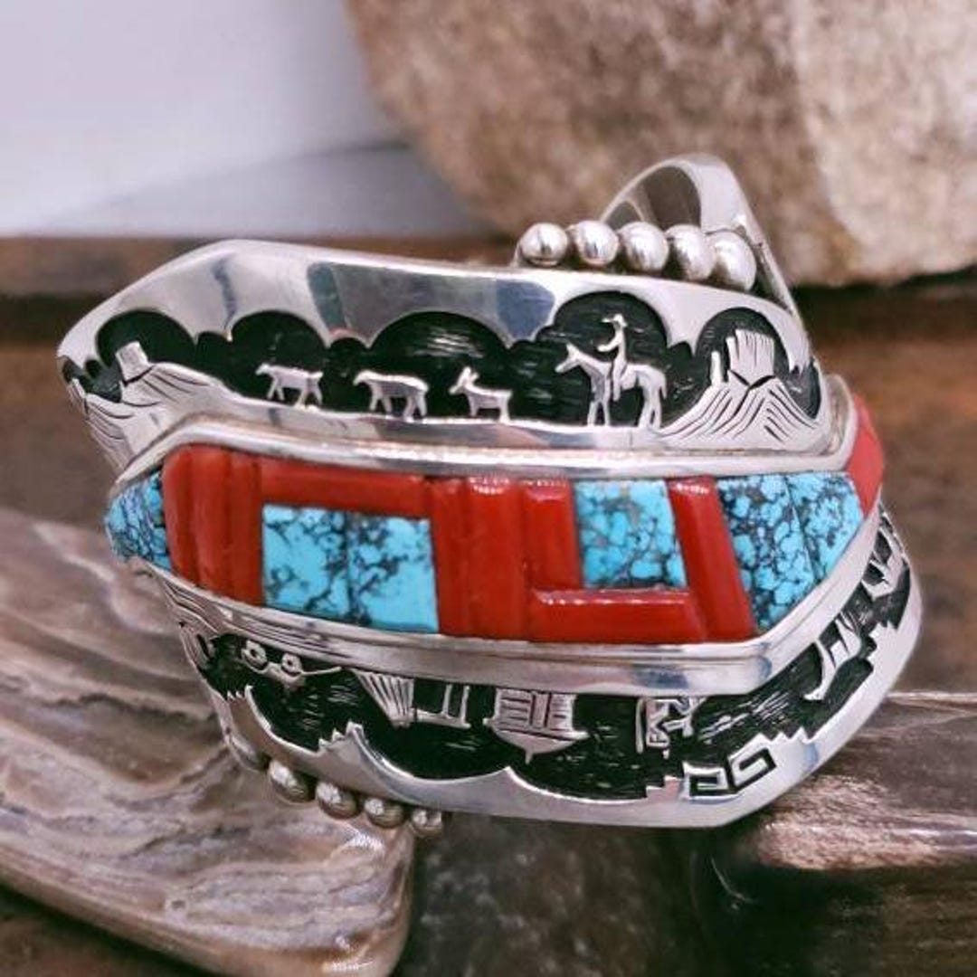 Alvin & Lula Begay Sterling Storyteller Cuff Bracelet Coral and ...