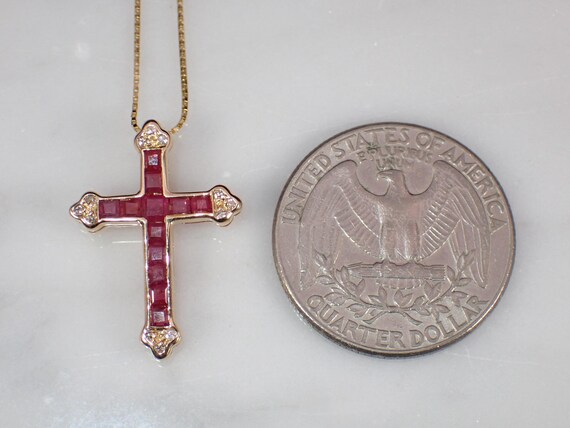 Vintage 14K Yellow Gold Red Ruby & Diamond Cross Pend… - Gem