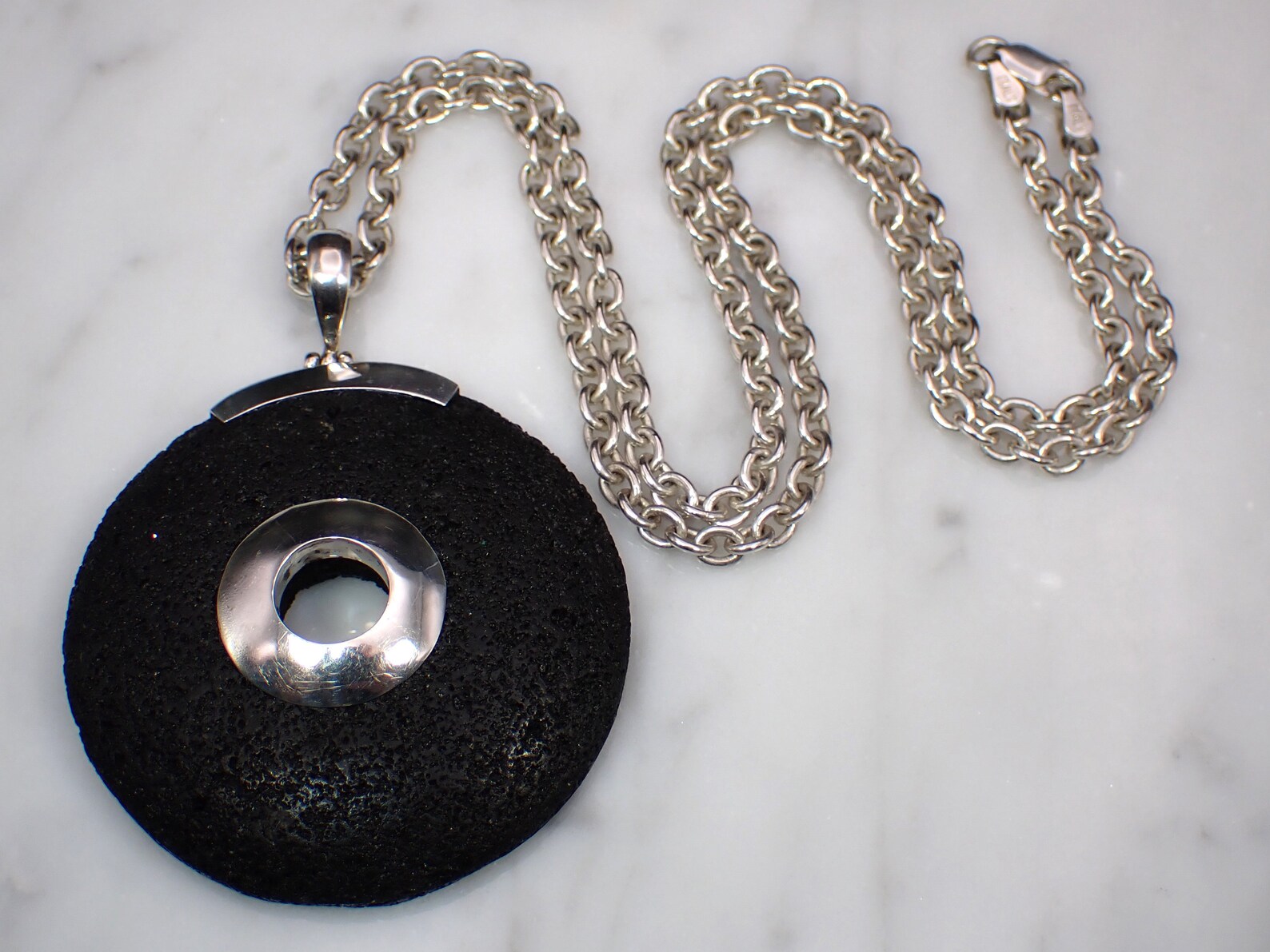 Vintage Sterling Silver Large Black Lava Stone Disc Pendant Necklace - Etsy