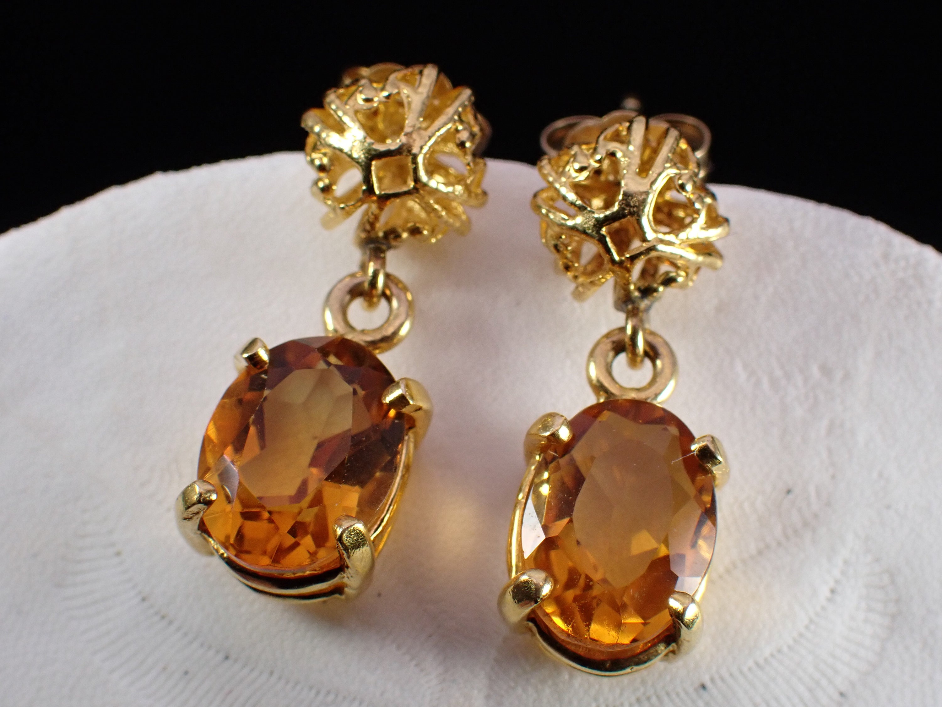 SawDustFINERY Citrine Vintage 14K Yellow Gold 2.62 CTW Oval Mixed Cut Natural Dangle Earrings