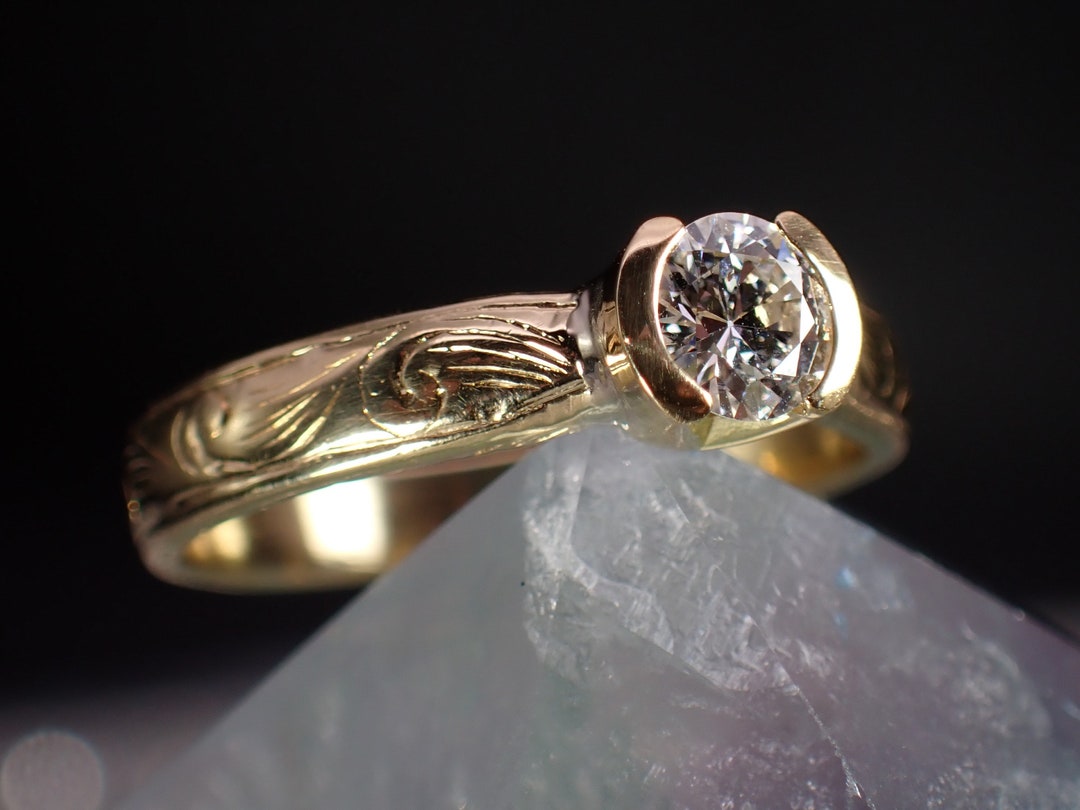Half Bezel Diamond Solitaire Engagement Ring Custom Made 18K Floral ...