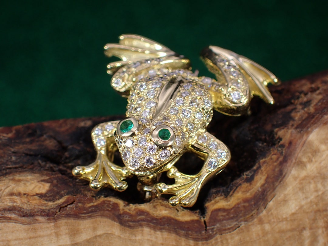 Vintage 18K Yellow Gold Diamond & Emerald Frog Critter Brooch Pin ...