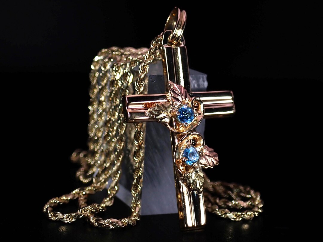 Vintage 14K Black Hills Gold Grape Leaf Blue Topaz Cross Pendant (only ...