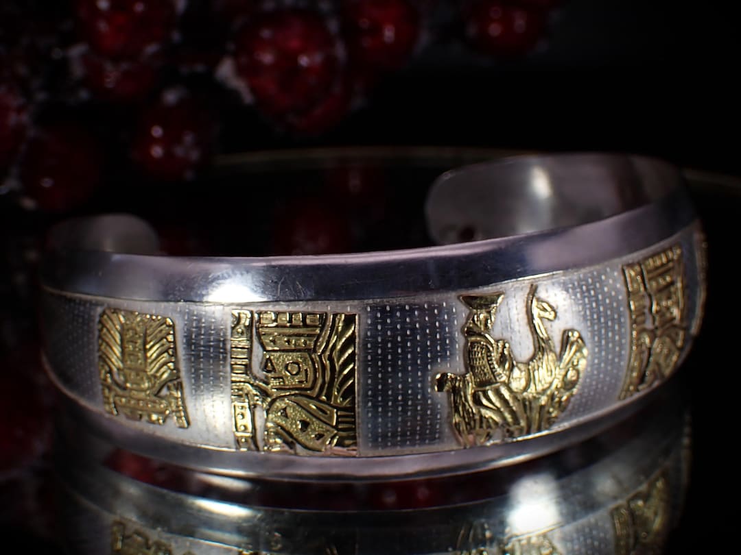 Vintage Sterling Silver 18K Yellow Gold Peruvian Art Panel Cuff ...