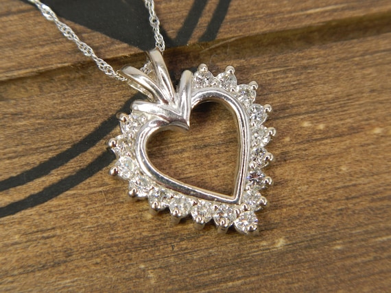 Vintage 10K White Gold Diamond Heart Pendant Necklace Etsy