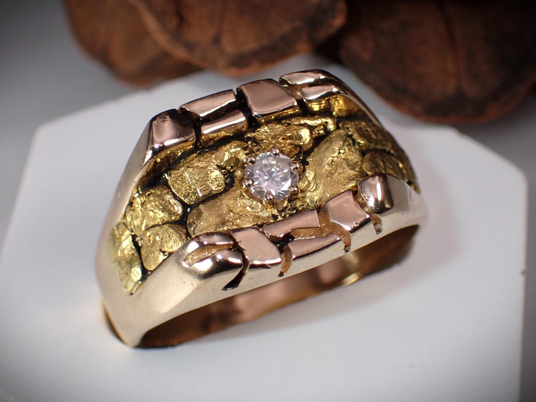 Vintage 14K Yellow Gold 20K Nugget & Diamond Mens Statement Ring - Etsy
