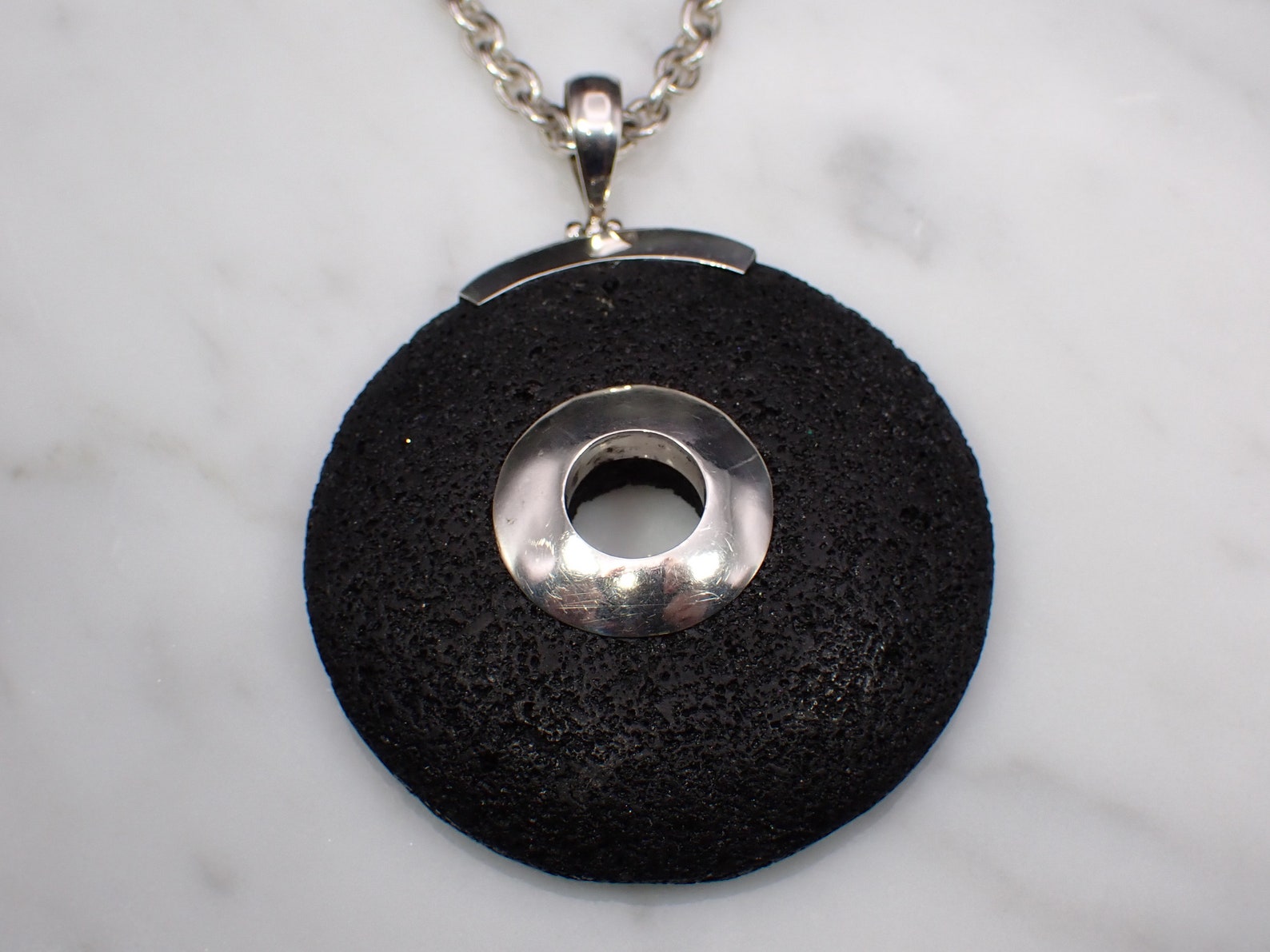 Vintage Sterling Silver Large Black Lava Stone Disc Pendant Necklace - Etsy
