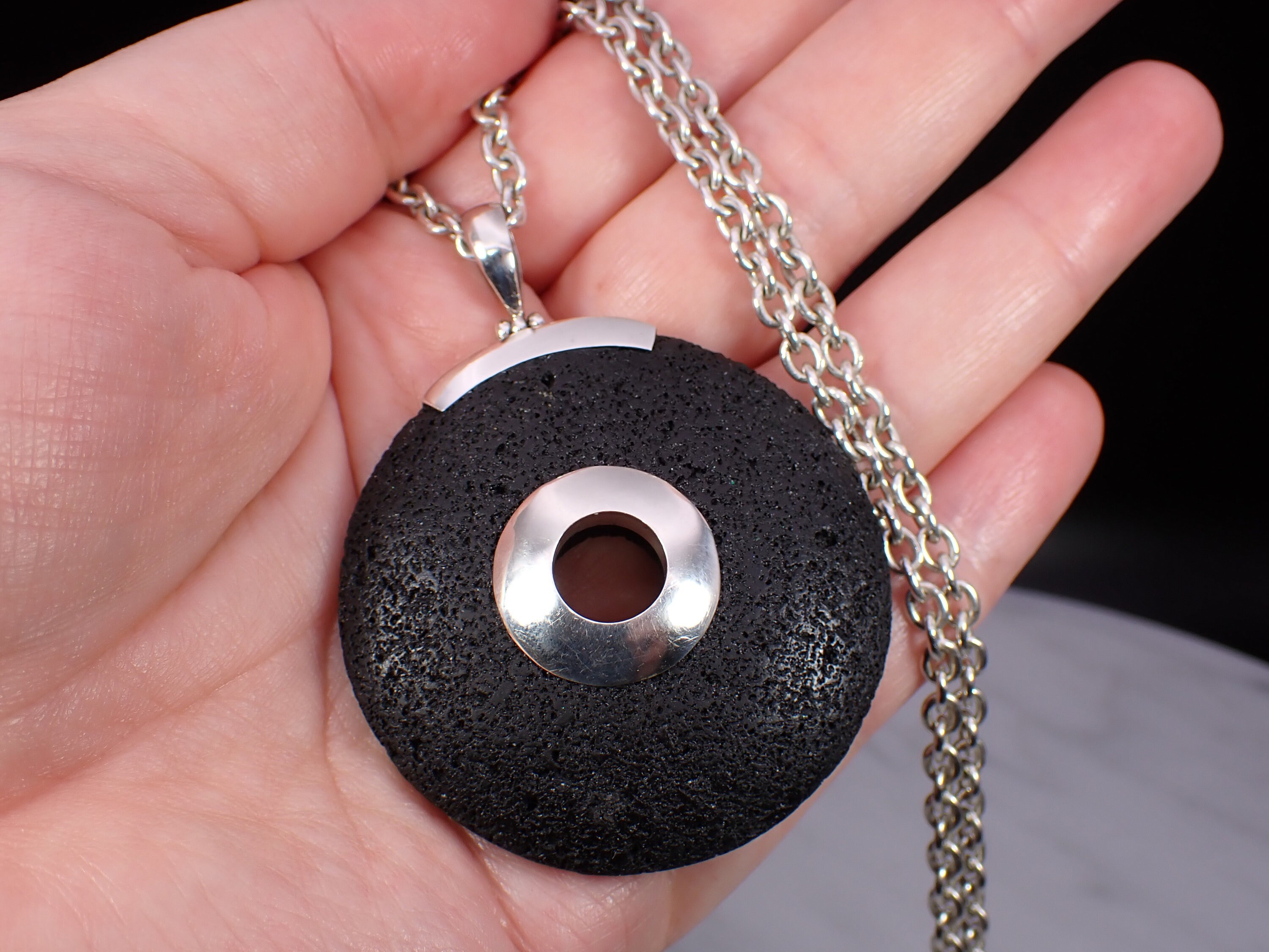 Vintage Sterling Silver Large Black Lava Stone Disc Pendant Necklace - Etsy