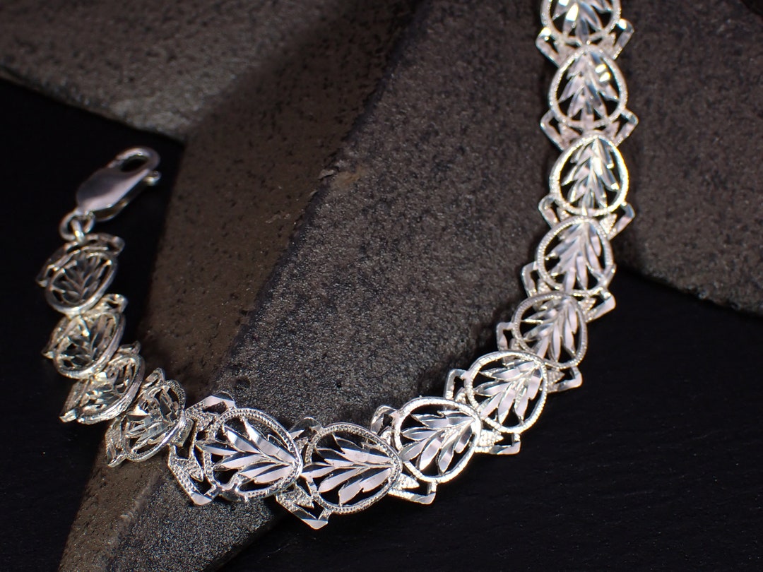 Vintage Sterling Silver Diamond Cut Leaf Design Link Bracelet - Etsy