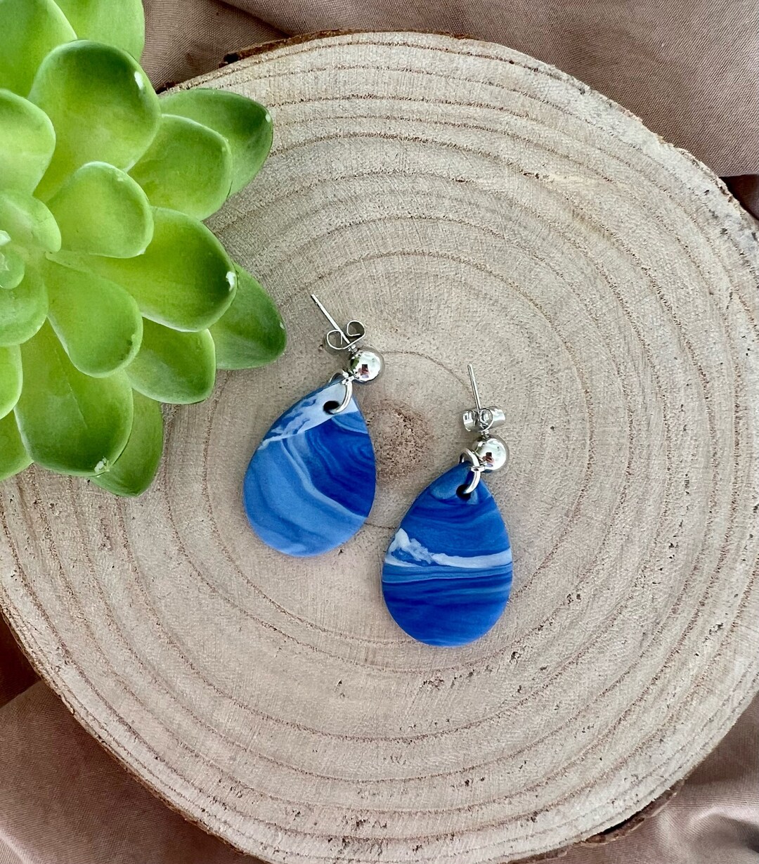 Blue Marble Polymer Clay Teardrop Earrings, Lightweight Dangle - Etsy