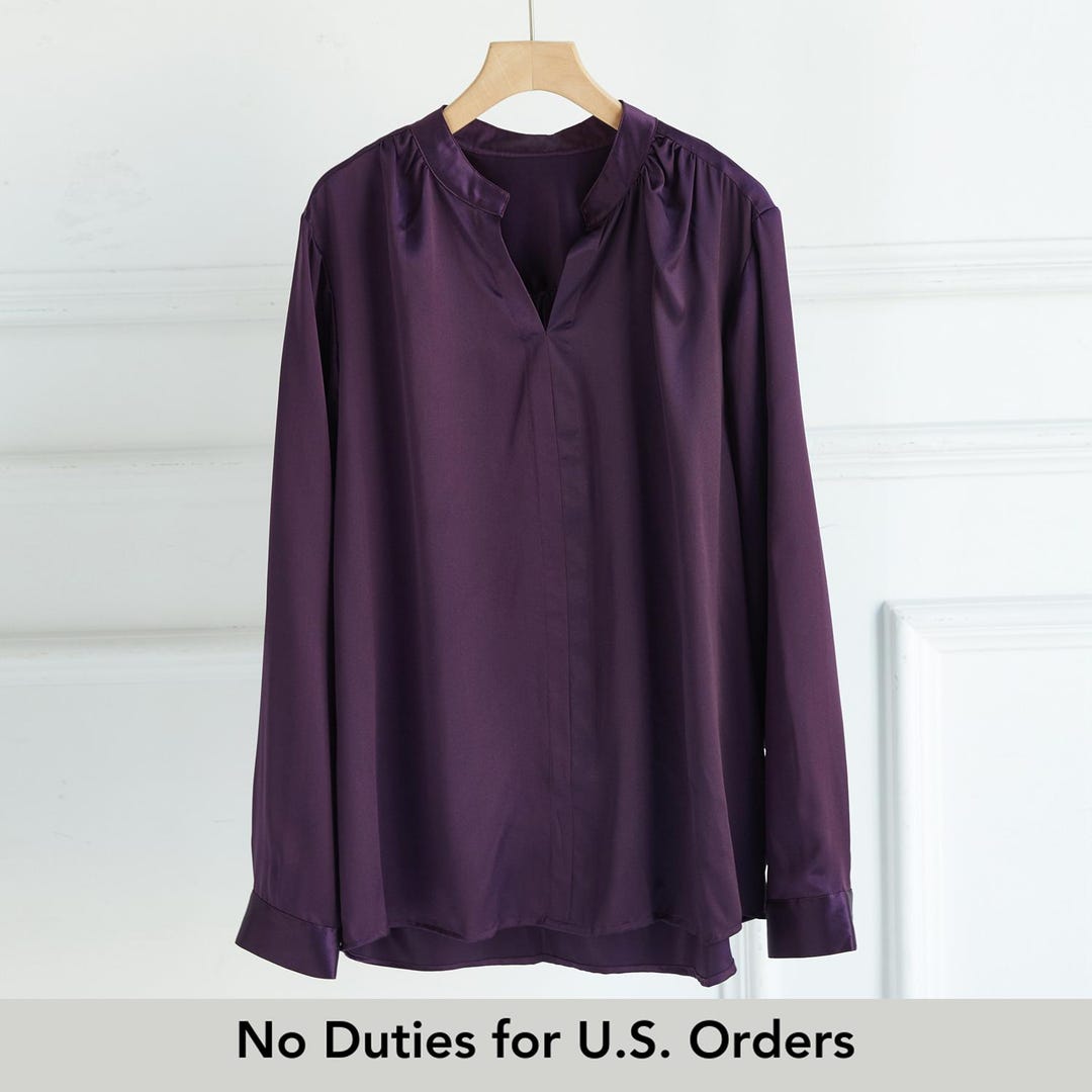 Custom Pure Silk Long Sleeve Y-neck Blouse | Eshonai | 22 Momme Silk ...
