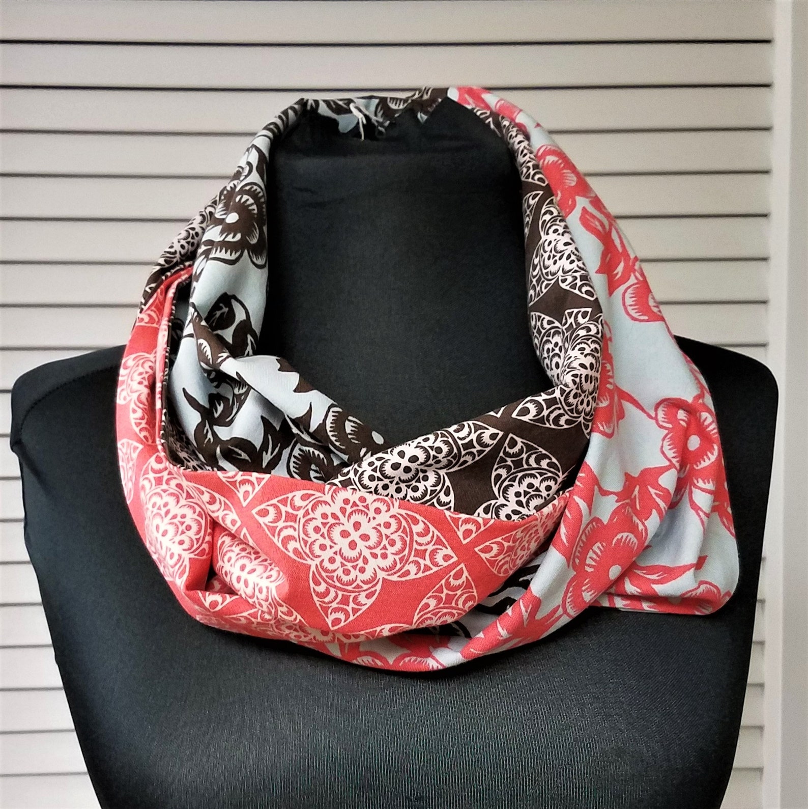 Cotton Fabric Print Infinity Scarf Light Blue Coral and Brown | Etsy