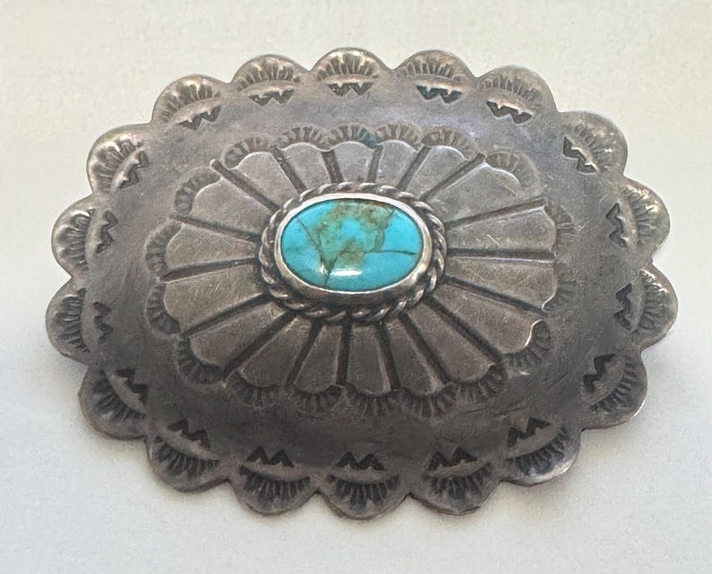 Vintage Southwestern Sterling Silver Turquoise Hand Stamped Oval Concho ...