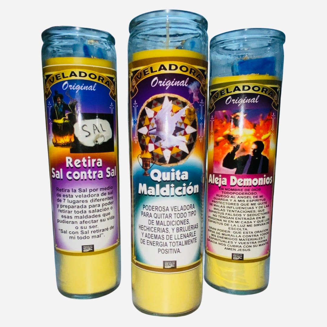 3 Set, Quita Maldicion + Retira Sal Contra Sal + Aleja Demonio Veladora ...