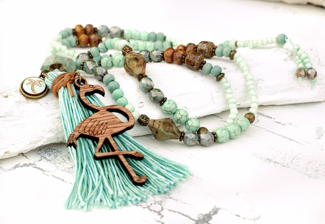 Long Chain Boho Flamingo Ibiza Style, Tassel Chain, Amazonite, Bohemian ...